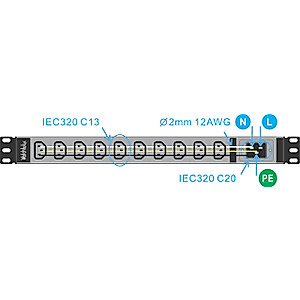 WatchfulEyE WTH-CS/PDU-C13-E (US121052E) Heavy Duty Metal 1U Rack Mount PDU, Inlet C20 20A 120/240V Open end (Without Extension Cord), Outlet C13 x10 Ports
