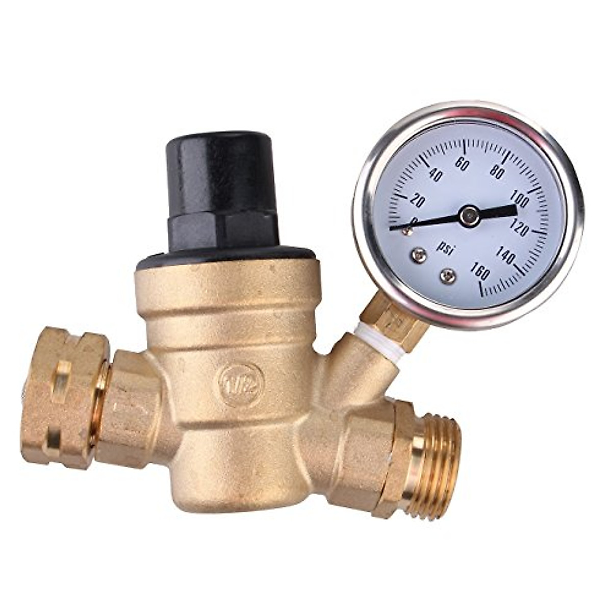 Water Pressure Regulator, Brass Lead-free Adjustable RV Water Pressure Reducer with Guage and Inlet Screened Filter, 160 PSI Gauge, By Kepooman (Gauge)