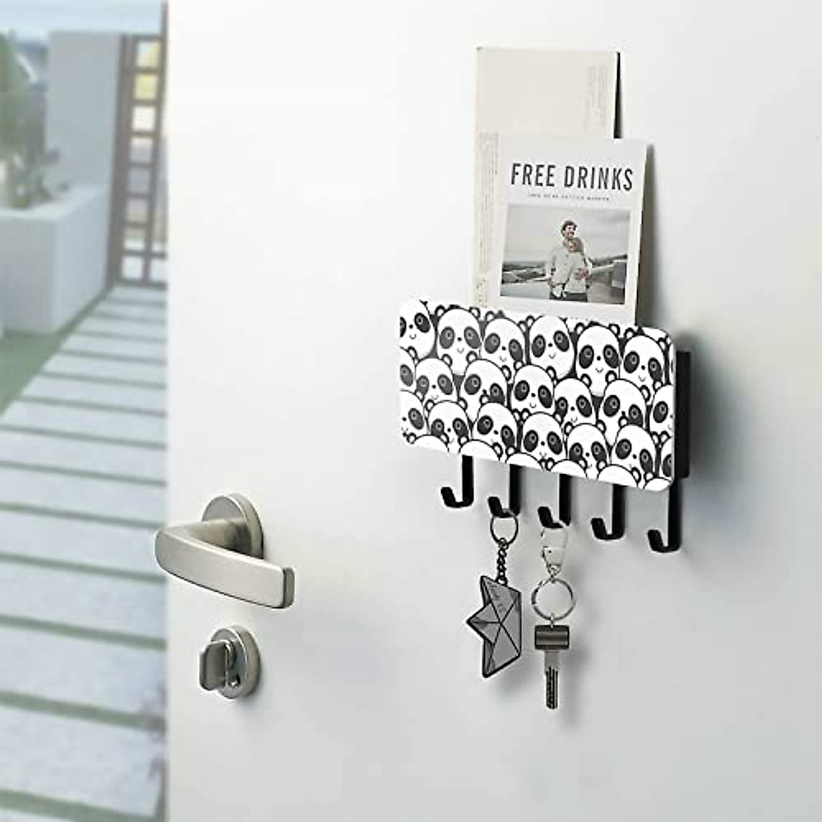 Vnurnrn Key Holder Shelf for Wall (Panda Faces), Decorative Keychain Hanging Rack Organizer Wall Mount Adhesive or Fixed by Nail Size 7.1×4.1×1.2 in
