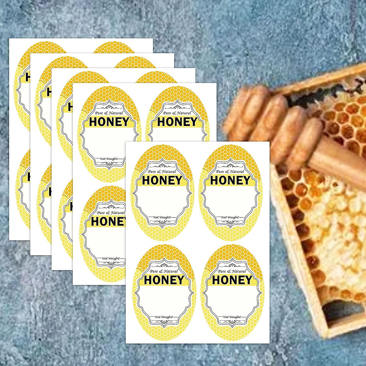 Oval Pure Natural Honey Jars and Bottles Labels 2 x 3 Inch Honey Bee Bottling Labels - Honey Farm Kitchen Name Home Business Round Mason Jar Labels for Honey Quart Jars and Honey Bears 60 Pcs