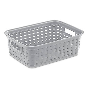 Sterilite 11 Inch Small Weave Open Bin Wicker Storage Basket Home Organizer Tote for Countertops, Bookshelves, and Closets, Cement, 8-Pack