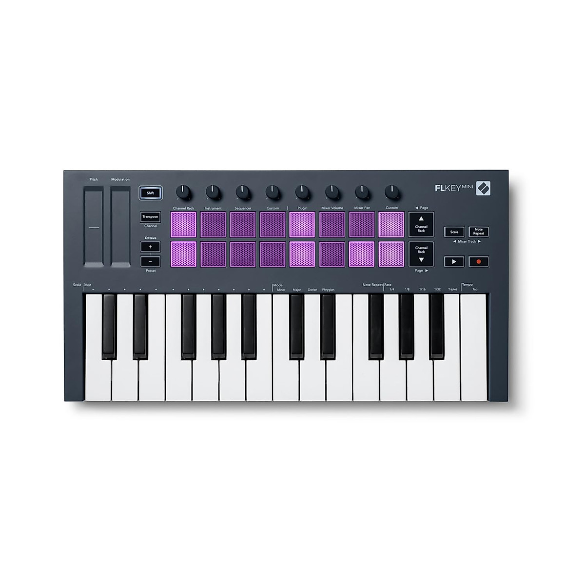 Novation FLkey Mini 25-Key MIDI Keyboard Controller for FL Studio Bundle with 20 Fruity Edition Software (Boxed), Keyboard Piano Style Sustain Pedal (Black) and 4-Port USB 3.0 Hub (4 Items)