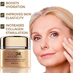 GLO24K Moisturizing Day Cream with 24k Gold, Hyaluronic Acid, Collagen, and Vitamins. For Optimal Hydration!
