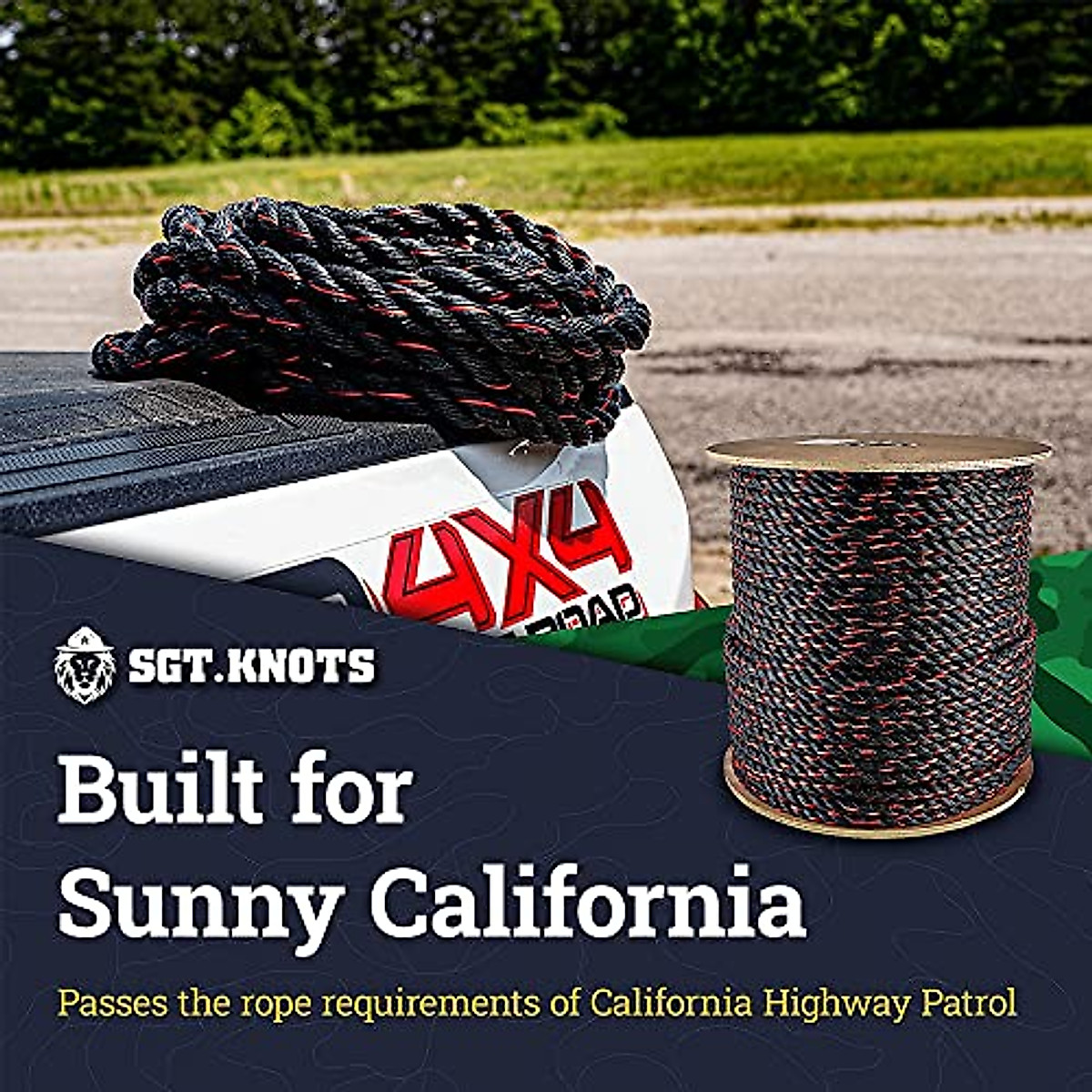 SGT KNOTS California Truck Rope - Twisted Polypropylene Rope for Cargo Straps, Tie-Downs, Gear Bundles, Boating, More (3/8" x 100ft, Black and Orange)