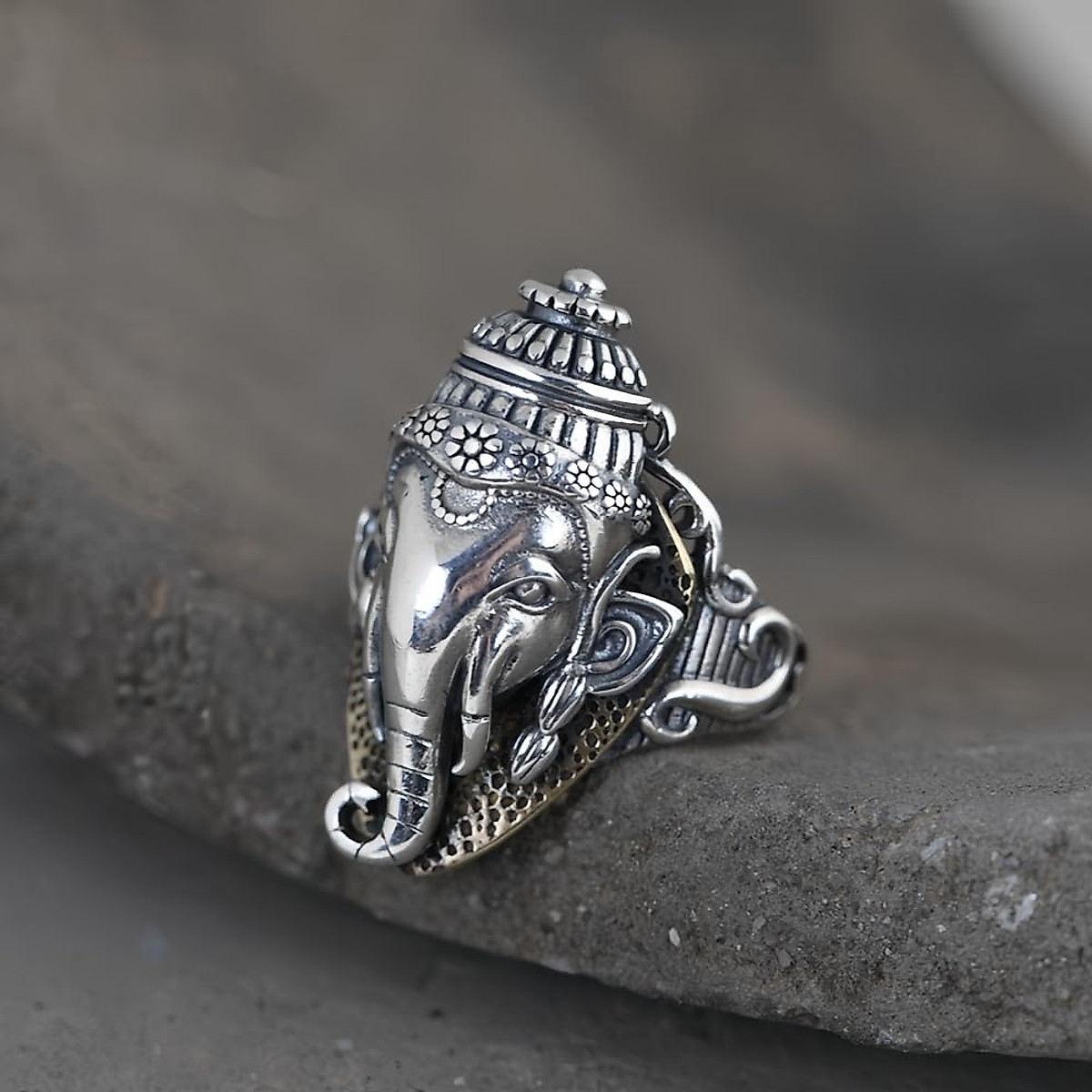 Retro Vintage 925 Sterling Silver Hindu Elephant Lord Ganesh Ring Ganesha Jewelry for Men Women Size 11