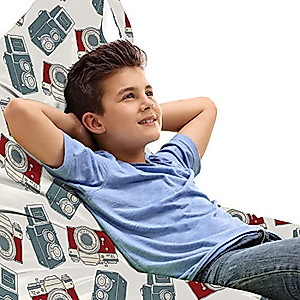 Lunarable Retro Lounger Chair Bag, Vintage Cameras Illustration Hipster Photo Antique Oldie Equipment Theme, High Capacity Storage with Handle Container, Lounger Size, Grey Teal Ivory Ruby