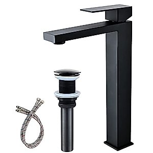Friho Single Handle Matte Black Tall Bathroom Vessel Sink Faucet, Modern Bathroom Vanity Faucets Vessel Basin Mixer Tap Bathroom Sink Faucet with Drain Pop up&Water Hoses