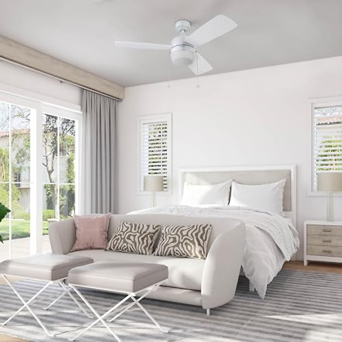 Honeywell Ceiling Fans Barcadero Modern 44 Inch Ceiling Fan with Light, Pull Chain LED Indoor Fan with 3 Blades, White Maple and White Blade Finish Options, Bright White (51475-01)
