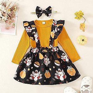 Kucnuzki 1 Year Old Girl Clothes Baby Girl First Thanksgiving Outfit Ruffled Infant Long Sleeve Romper Orange Suspender Dress Skirt Set Baby Clothes Girl 12-18 Months