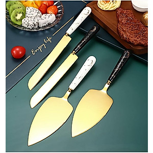 Wedding Cake Knife Shovel Server Set Silverware Stainless Steel Ceramic Handle Wedding Party Thanksgiving Christmas (White)