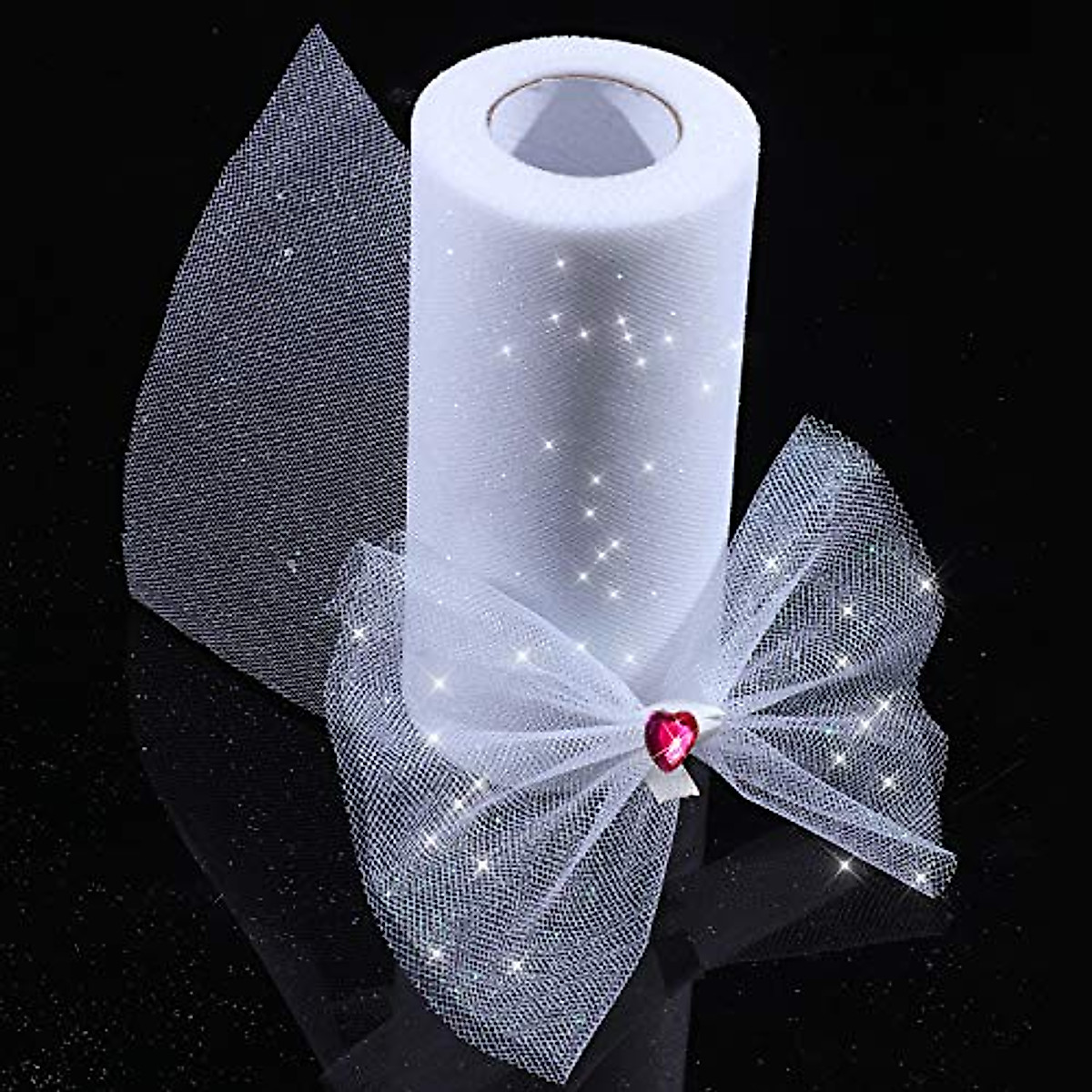 Senkary Glitter Tulle Roll Sparkling Tulle Ribbon Fabric Tulle Spool for Wedding Decoration Gift Wrapping, 6 Inch by 25 Yards (White)