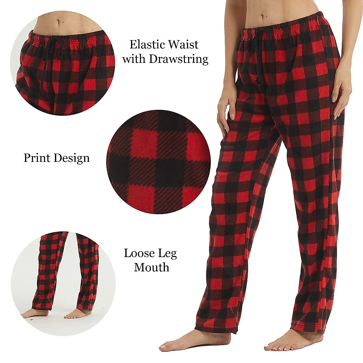 LANBAOSI Christmas Pajama Pants for Women Fuzzy Pack Long Fleece Buffalo Plaid Pj Bottoms Soft Drawstring Lounge Sleepwear Red/Grey