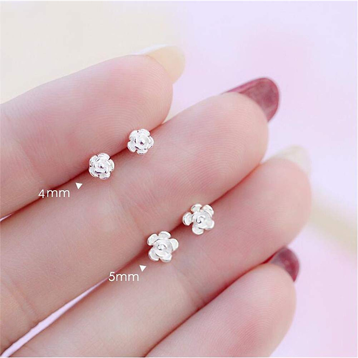 Unique Nose Rings Studs 22 Gauge Body Piercing Jewelry for Women Girls S925 Sterling Silver Tiny Rose Flower Ball Bead Labret Screw Nose Stud Post Pin Hypoallgenic Personalized Jewelry (5mm pair)