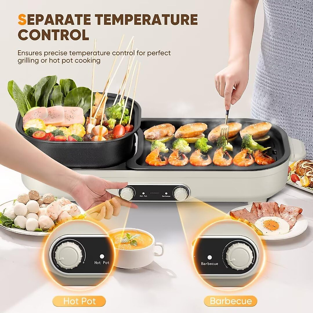 Hot Pot Electric with Grill - Korean BBQ Grill Indoor and Shabu Shabu Pot, Removable Hotpot Pot & KBBQ Grill,- Non-Stick, Adjustable Temperature, Family Size