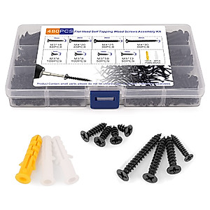 480pcs Wood Screws Assortment Kit, M3 M4 Small Screws Set, Phillips Drive Flat Head Self Tapping Screw, Cabinet Screws, Black Wood Screws, 8 Sizes Short Screws Fasteners with 30pcs Screws Anchorss