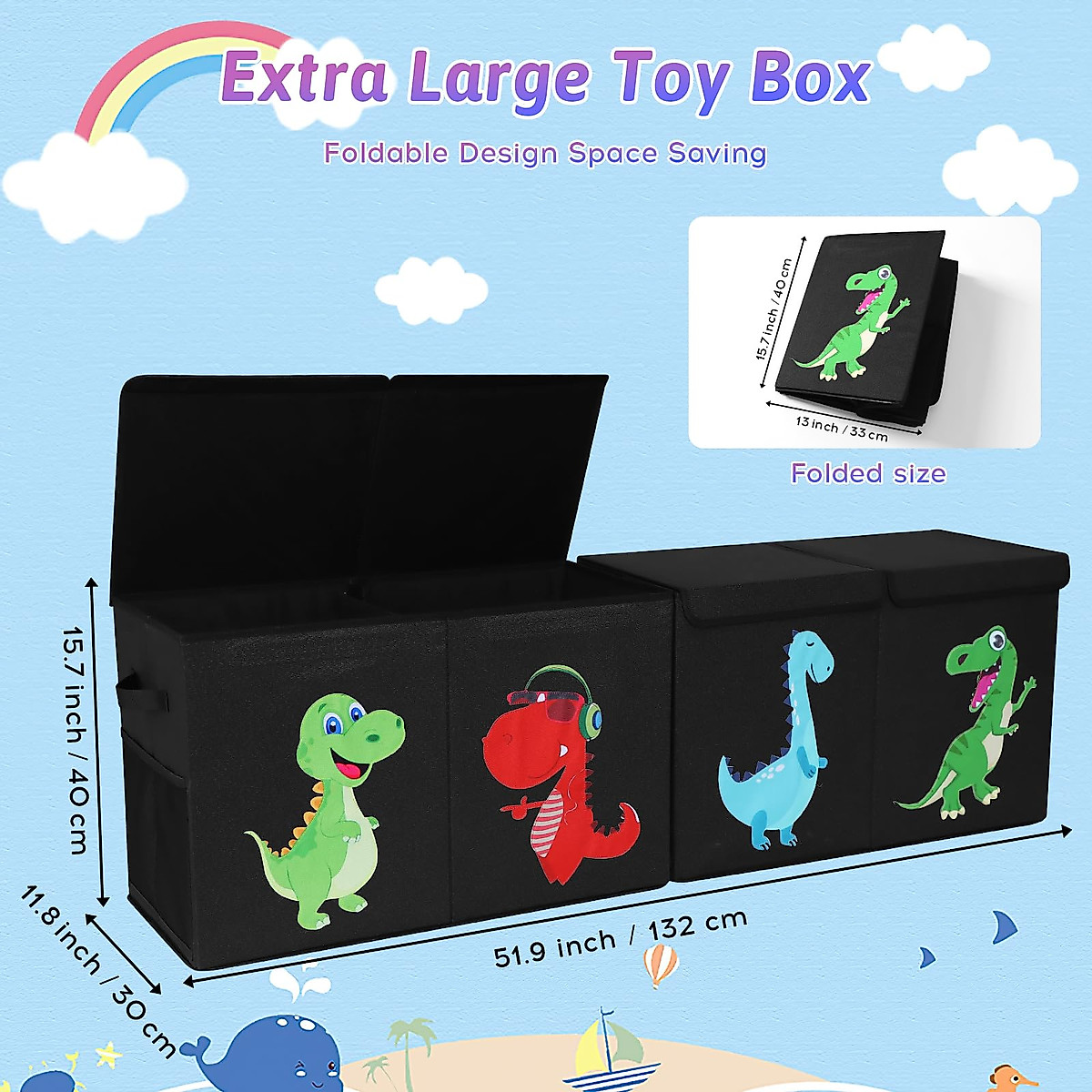 Extra Large Toy Box Chest for Kids Organizer, Collapsible Toy Storage Bins with Magnetic Lid, Dinosaur Toy Box for Living Room, Playroom, Bedroom, Nursery, 51.96"x11.81"x15.75", Black