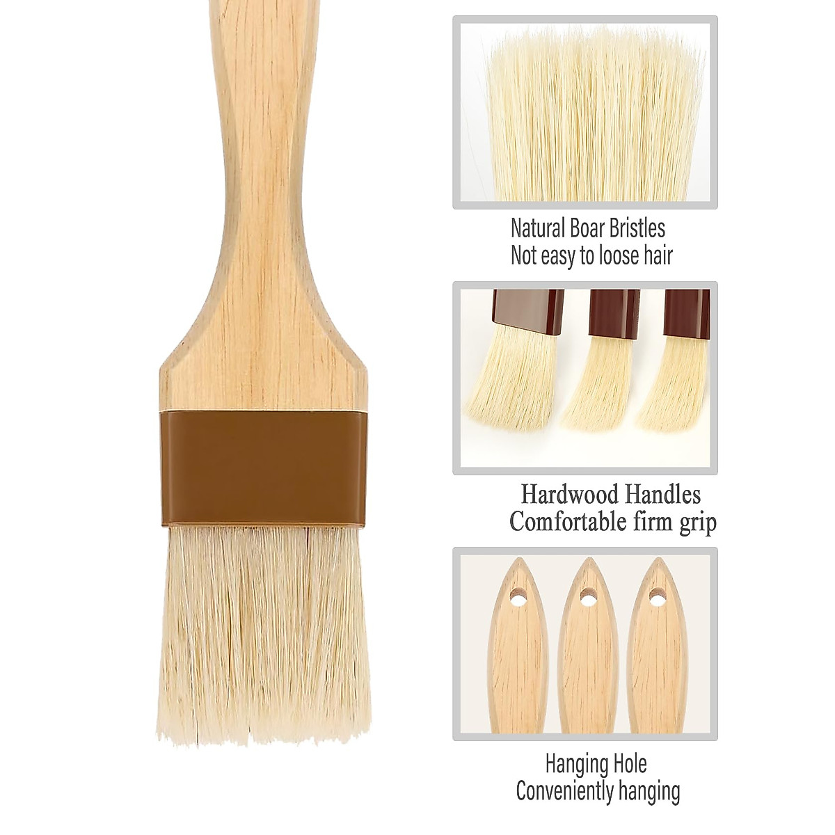 Pastry brush,Basting brush for Cooking,Natural Bristle BBQ Brush for Oil & Sauce,Wooden Handle Food Brush for Baking,Easy Clean Butter Brush,Durable Kitchen Culinary Utensil (1", 1 1/2 Inch,3 Pack)