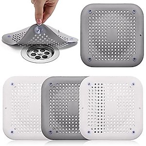 Drain Hair Catcher, 4 Pack Square Drain Cover for Shower Silicone Hair Stopper Bathroom Sink Strainer with Adjustable Suction Cups (2 Grey + 2 White)