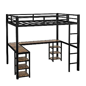 BOVZA Full Metal Loft Bed with Desk and Shelves, Multifunctional Loft Bed with Ladder and Safety Guardrails, Bed Frame for Bedroom, Space Saving, Black