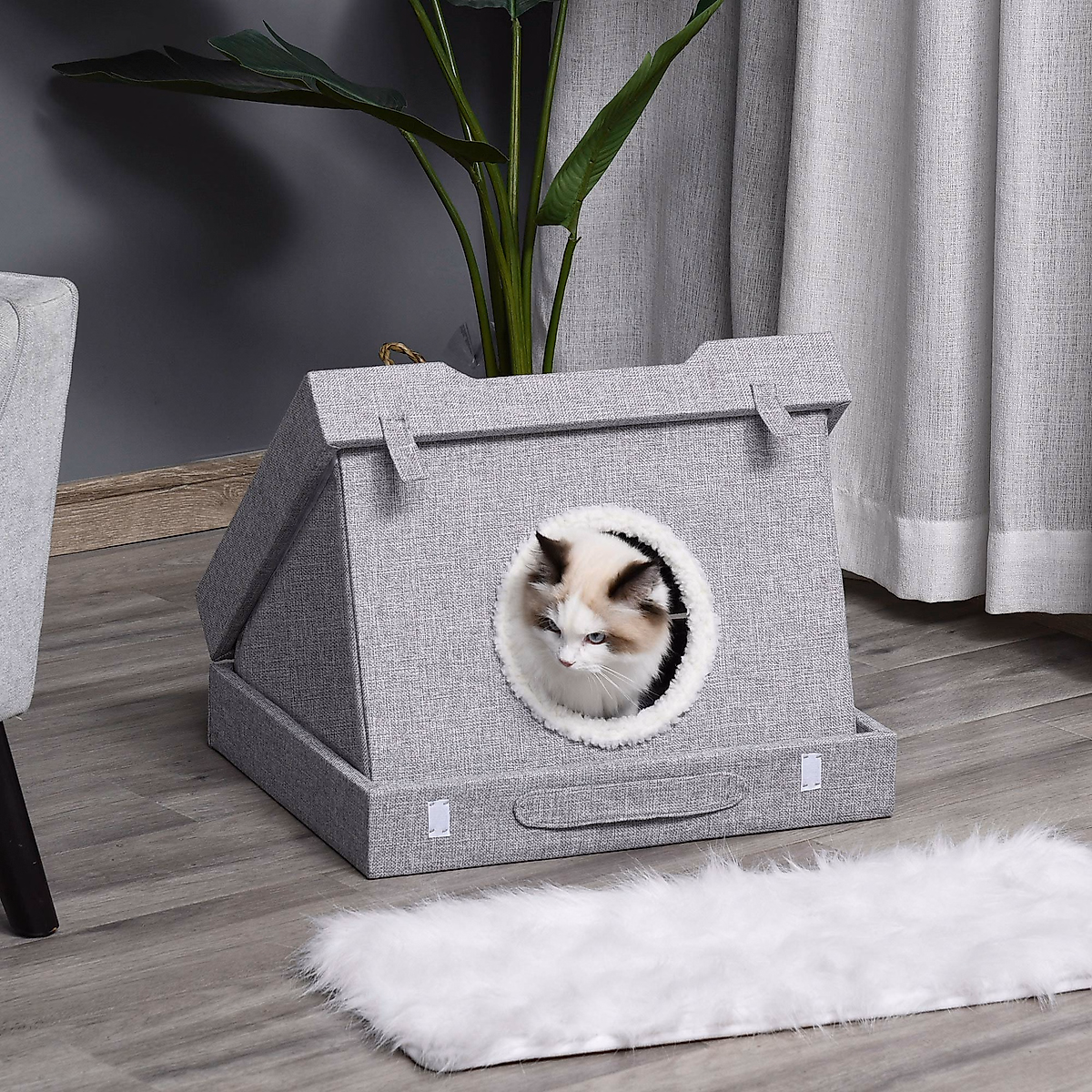 PawHut Cat House Foldable 2 in 1 Design Condo Pet Bed with Removable Washable Cushions Scratching Pad, Grey