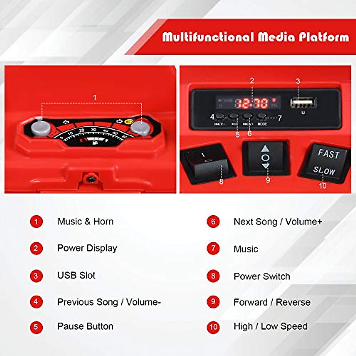 Costzon Kids ATV, 12V Battery Powered Electric Vehicle w/LED Lights, High & Low Speed, Horn, Music, USB, Treaded Tires, Ride on Car 4 Wheeler Quad for Boys & Girls Gift, Ride on ATV (Red)