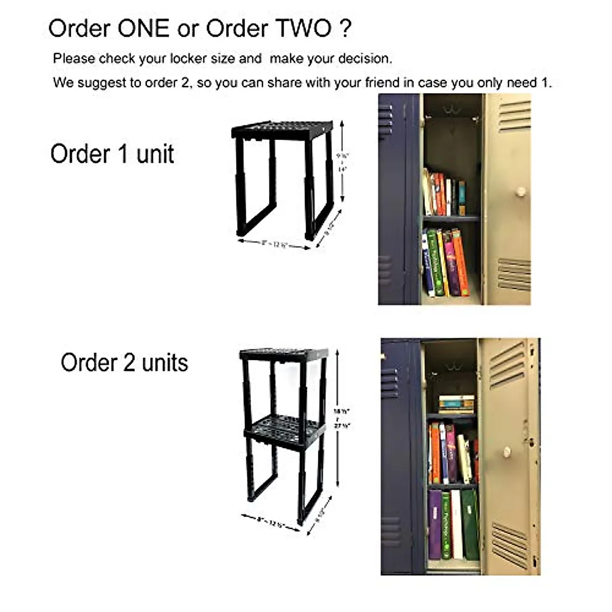 Locker Organizer Shelf， Adjustable Width and Height , Ideal Locker for School, Office, and Gym Lockers (Black)