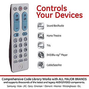 GE Big Button Universal Remote Control for Samsung, Vizio, Lg, Sony, Sharp, Roku, Apple TV, TCL, Panasonic, Smart TVs, Streaming Players, Blu-Ray, DVD, 2-Device, Silver, 33701