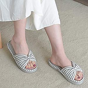 DL Women's Memory Foam Open Toe Slide Slippers with Cute Bow and Cozy Terry Lining, Slip-on House Shoes Spa Mules Sandals with Indoor Outdoor Rubber Sole, Gray, 9-10