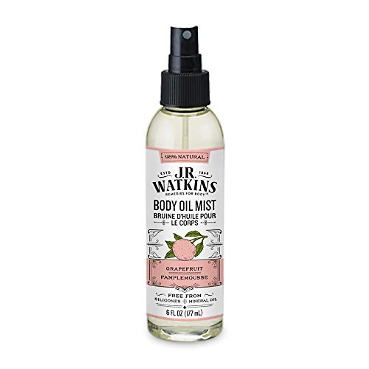 J.R. Watkins Natural Hydrating Body Oil Mist, Moisturizing Body Oil Spray for Glowing Skin, Cruelty Free, Grapefruit, 6 fl oz, Single