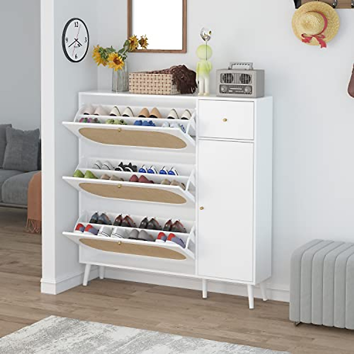 Mcltopz Rattan Shoe Cabinet with 3 Flip Drawers&1 Small Drawer&1 Door, Modern Free-Standing Shoe Rack Narrow Shoe Storage Cabinet Wooden Shoe Rack Storage Cabinet for Entryway Hallway Doorway (White)