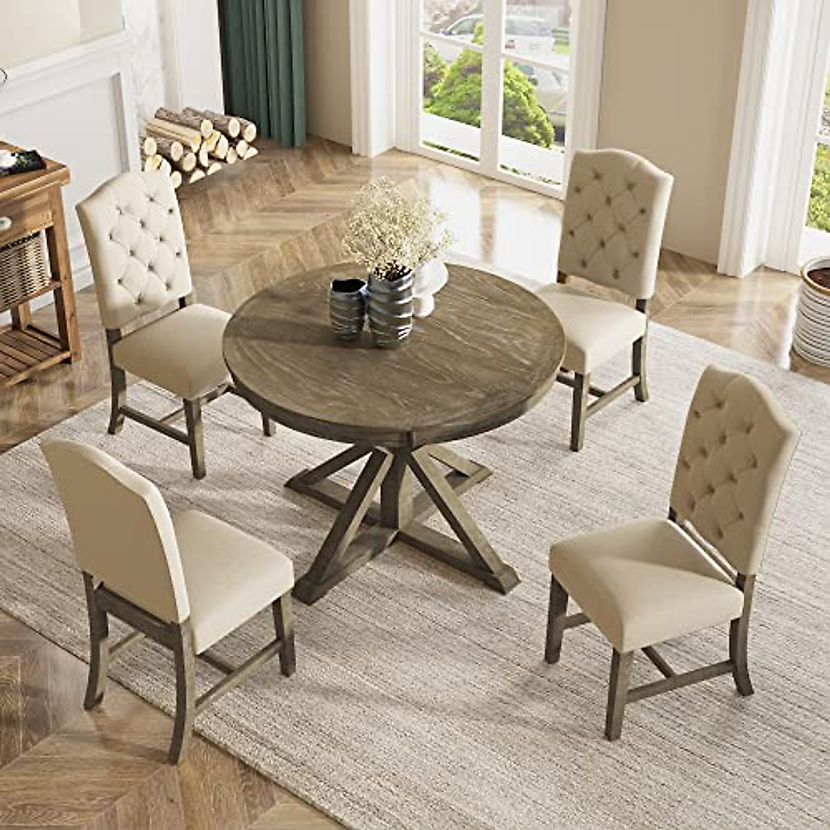 P PURLOVE 5pc Dining Table Set, Functional Furniture Retro Style Dining Table Set with Extendable Table and 4 Upholstered Chairs for Dining Room and Living Room(Natural Wood Wash)