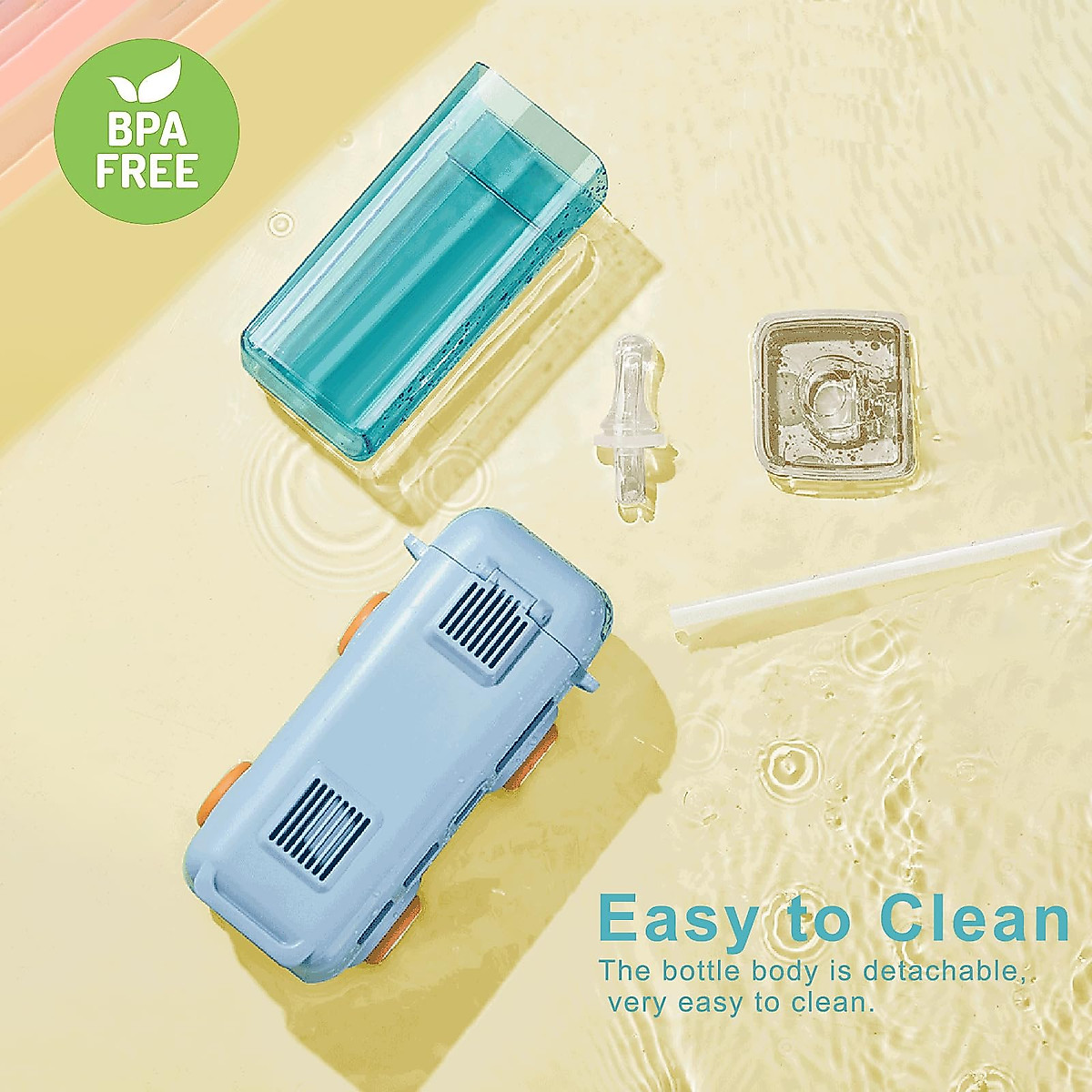 jesinor Water Cup in Bus Shape for Kids - 16oz/500ml Detachable Leak-Proof Plastic Drinking Bottle with Shoulder Strap(Blue)