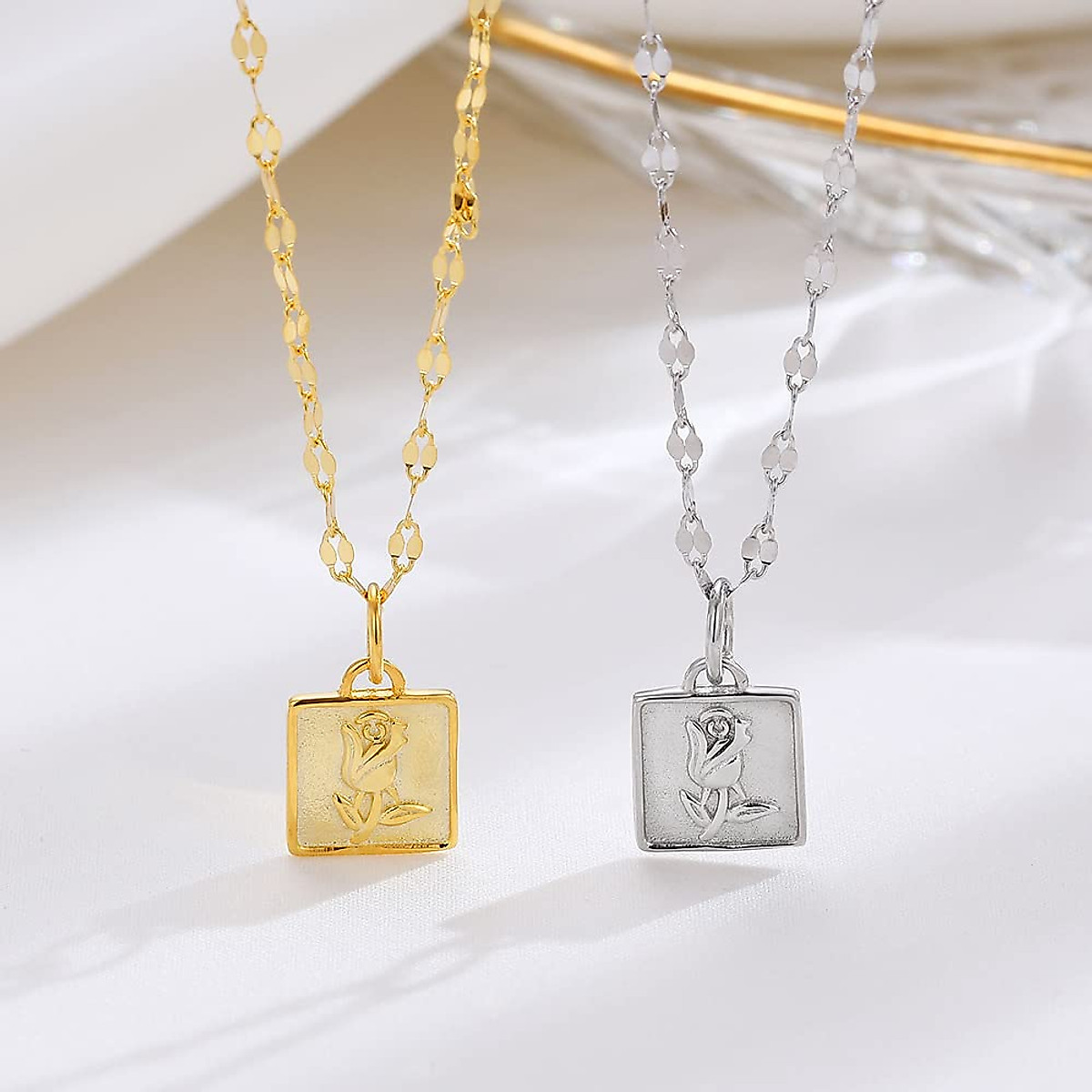 925 Sterling Silver Dainty Dog Tag Pendant Necklace Rose Flower Embossed Flora Jewelry for Women (Gold)