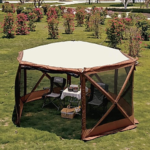 XGEAR 6 Sided Pop Up Camping Gazebo 11.5’x11.5’ Instant Canopy Tent Sun Shelter Screen House with Mosquito Netting, for Patio, Backyard, Outdoor,Brown