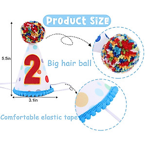 WAHAWU Baby Costume Headwear, 2nd Birthday Party Hat - Primary Colors, Handmade Baby Hat, Baby Girls/Boys Birthday Confetti Cone Hat, Colored Fur Balls Hat
