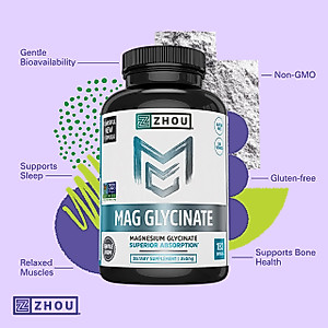 Zhou Magnesium Glycinate Complex 350 mg, High Absorption, Muscle Relaxation & Recovery, Healthy Sleep, Bone Strength, Heart Health, Vegan, Non-GMO, 45 Servings, 180 Capsules