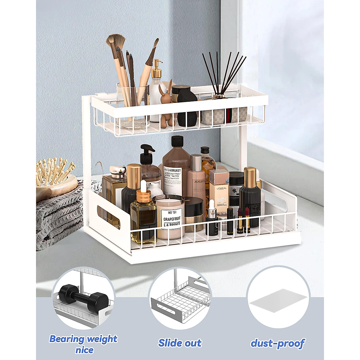 Merrylun Under Sink Organizers, 2 Pack Metal Pull Out Under Sink Organizers and Storage Shelves with Sliding Drawer, Under Sink Storage for Kitchen, Bathroom, White, 2 Pack…