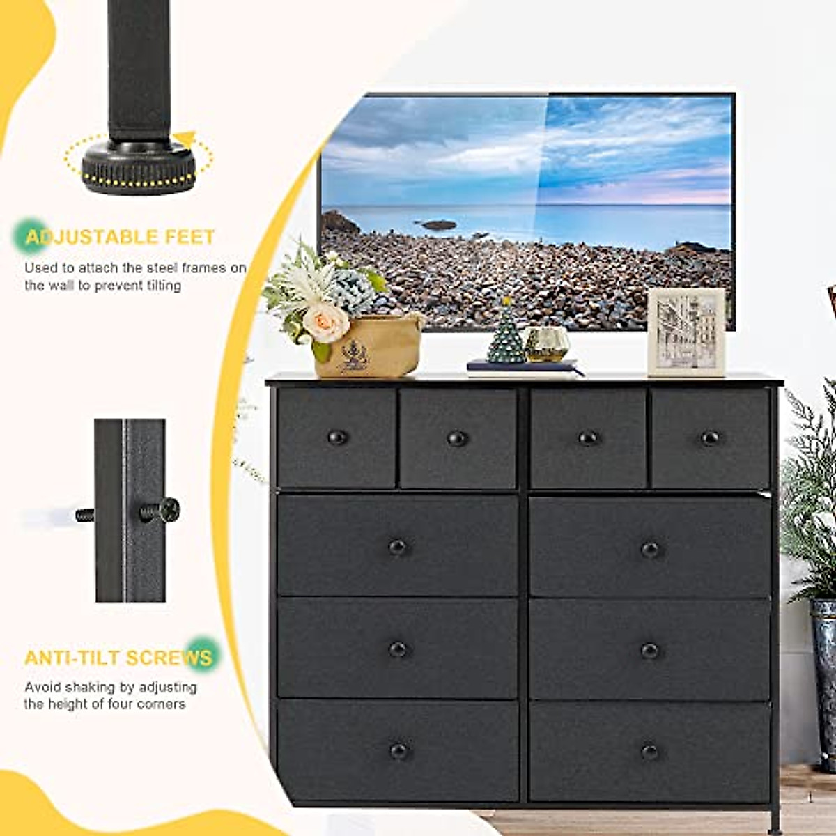 SENSWEET 10 Dresser for Bedroom, Big Fabric Dressers & Chests of Drawers for Living Room, Hallway/Nursery/Clothes Dresser with Steel Frame & Wood Top （Dark Grey