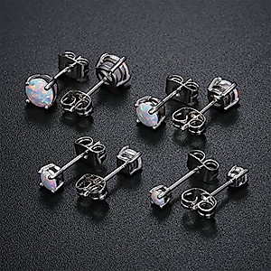 GEMSME 18K White Gold Plated 3/4/5/6mm Round Opal Stud Earrings Pack of 4