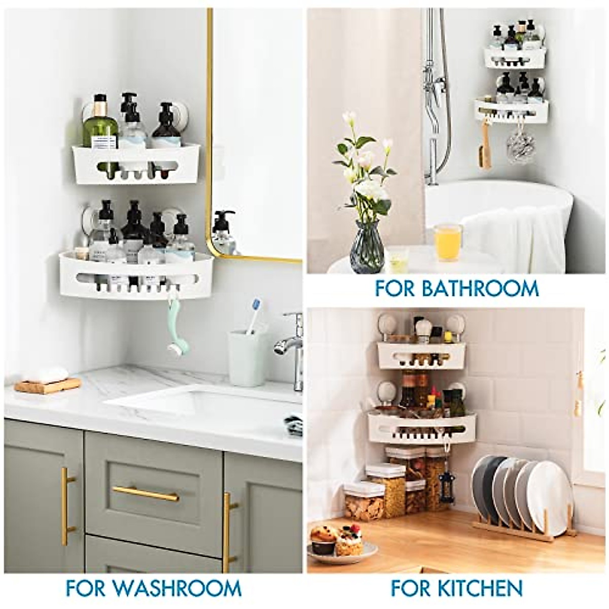 TAILI Suction Corner Shower Caddy 2 Pack, Bathroom Shower Shelf Storage Basket Wall Mounted Organizer for Shampoo, Conditioner, Plastic Shower Rack for Kitchen & Bathroom, Drill-Free Removable