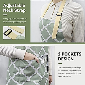 NLUS 2 Pieces Cotton Linen Waterproof Cooking Aprons, Kitchen Apron with Adjustable Neck Strap and Long Ties, Cooking Aprons with Pockets for Women/Men(Grey/Green)