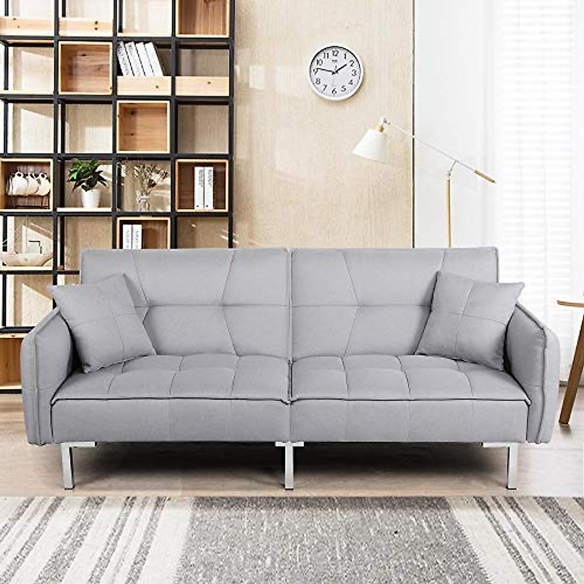 Topeakmart Futon Sofa Bed Couch with Fabric Cover Sturdy Metal Frame Adjustable Backrest Sleeper Sofa Easy to Clean Upholstery Versatile Convertible Sofa Comfortable Gray
