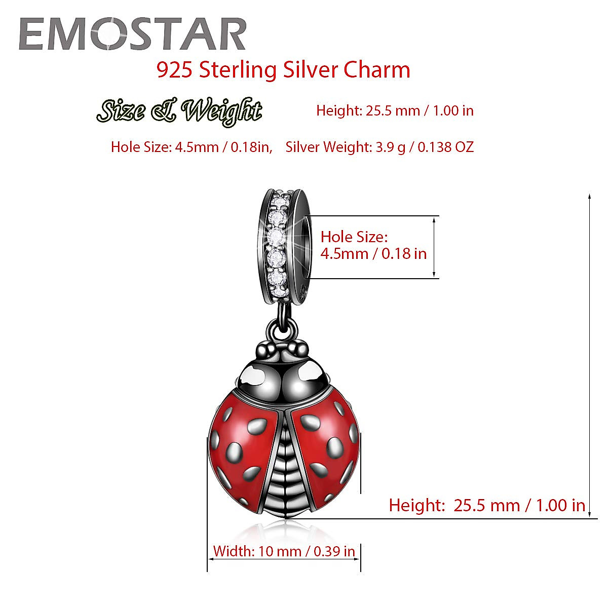 EMOSTAR Dangle Gun Black Ladybug Charms fits Pandora Christmas Bracelet, 925 Sterling Silver Ladybird Beetle Beads Lady Bug Pendant with Red Wings Enamel, Gift for Insect Lover/Women