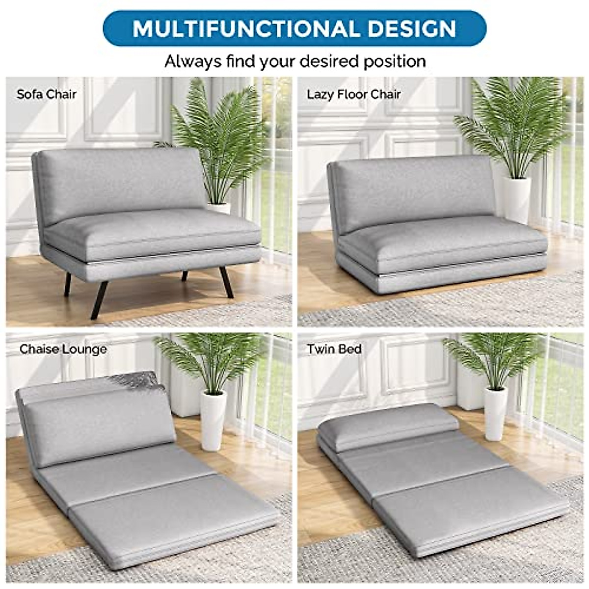 IULULU Convertible Chair Bed, Sleeper Sofa with Adjustable Backrest, 4-in-1 Folding Mini Floor Couch for Small, Dorm, Guest Room, Grey