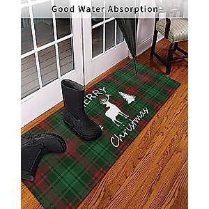 Welcome Mats, Merry Christmas Elk and Christmas Tree Red and Green Plaid Door Mat, Non-Slip Absorbent Large 24x71 Inch Outdoor Indoor Mat Low-Profile Floor Mat Doormat for Entryway/Patio/Garage