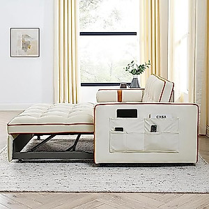 ERYE Modern Loveseat Convertible Sleeper Couch Bed, Upholstered Futon Sofabed for Living Room,2 Seater Comfy Love Seat Daybed Sofas, Beige Twin Velvet Tufted 2 Cylinder Pillows Multi-Pockets B