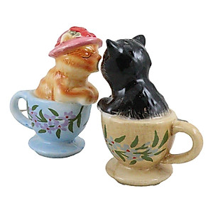 Ebros Ceramic Tabby And Tuxedo Black Kitty Cats In Teacups Kissing Salt And Pepper Shakers Set Valentines Tea Cup Cat Kittens Figurines Party Kitchen Tabletop Collectible Decorative Accents