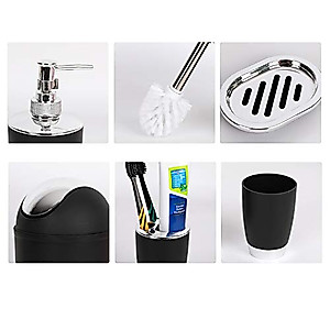 YCOCO Bathroom Accessories Set,6 Pcs Plastic Gift Set Toothbrush Holder,Mouthwash Cup,Soap Dispenser,Soap Dish,Toilet Brush,Trash Can,Black