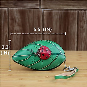 Fanyixuan Ladies Leaf Ladybug Leather Coin Purse Can Put Coin Clutch Bag Handmade Leather Creative Key Case (Green)