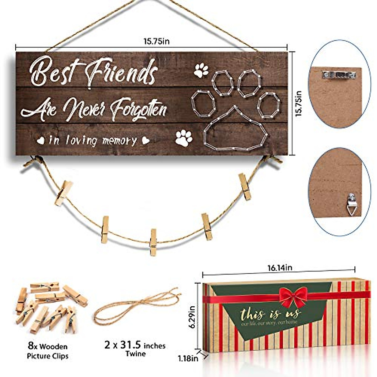 GEMTEND Pet Memorial Gifts, Paw Prints Sympathy Frame Gift for Loss of Dog and Cat, Dog and Cat Memorial Gifts, Clips and Twine for Photo Hanging, Makes a Personalized Gift for Pet Lovers